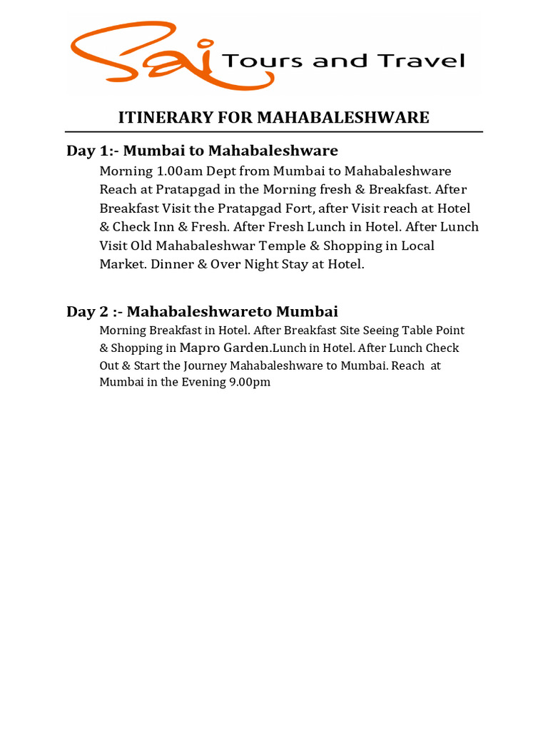 Mahabaleshwar 2-Day Itinerary & Quote | PDF
