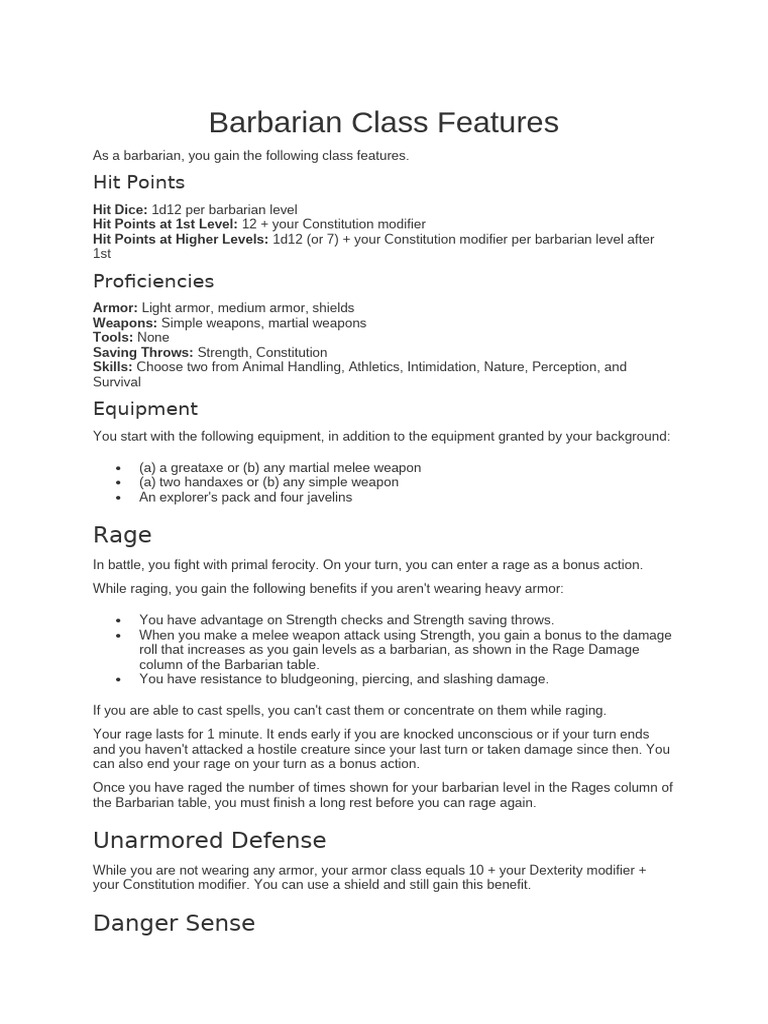 Barbarian Class Features Overview | PDF