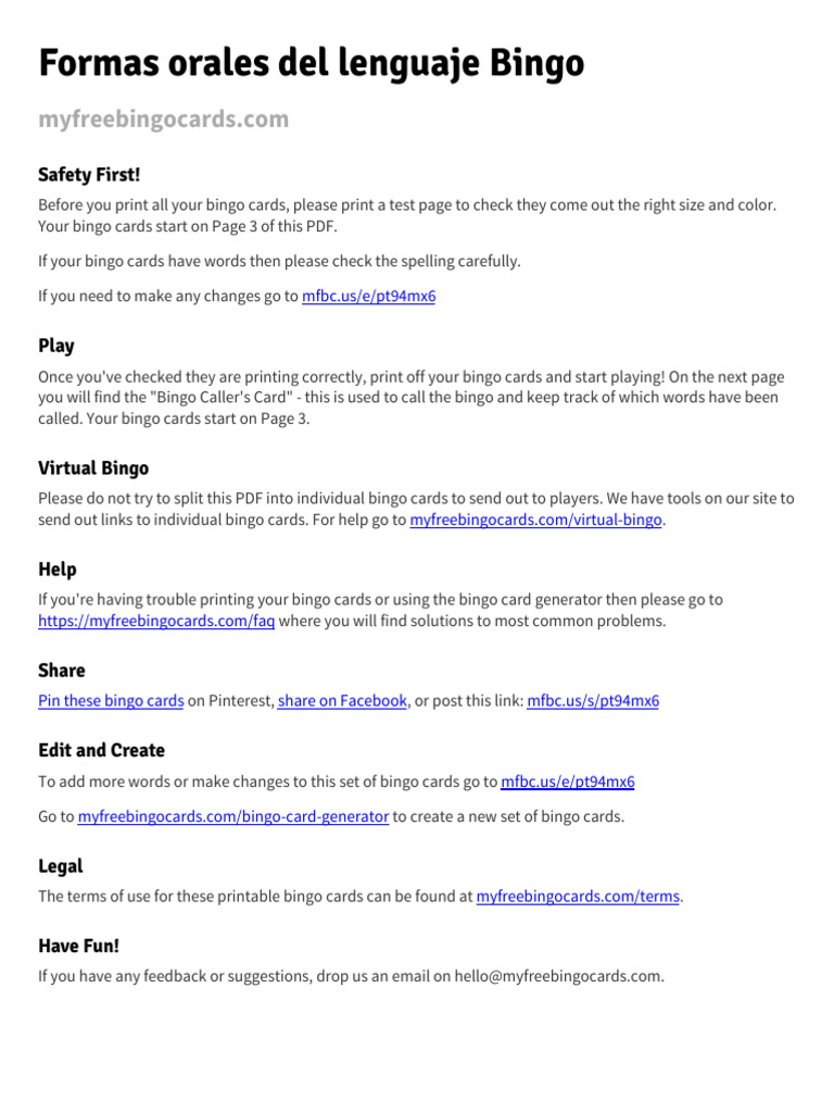 Formas Orales Del Lenguaje Bingo | PDF | Léxico | Comunicación