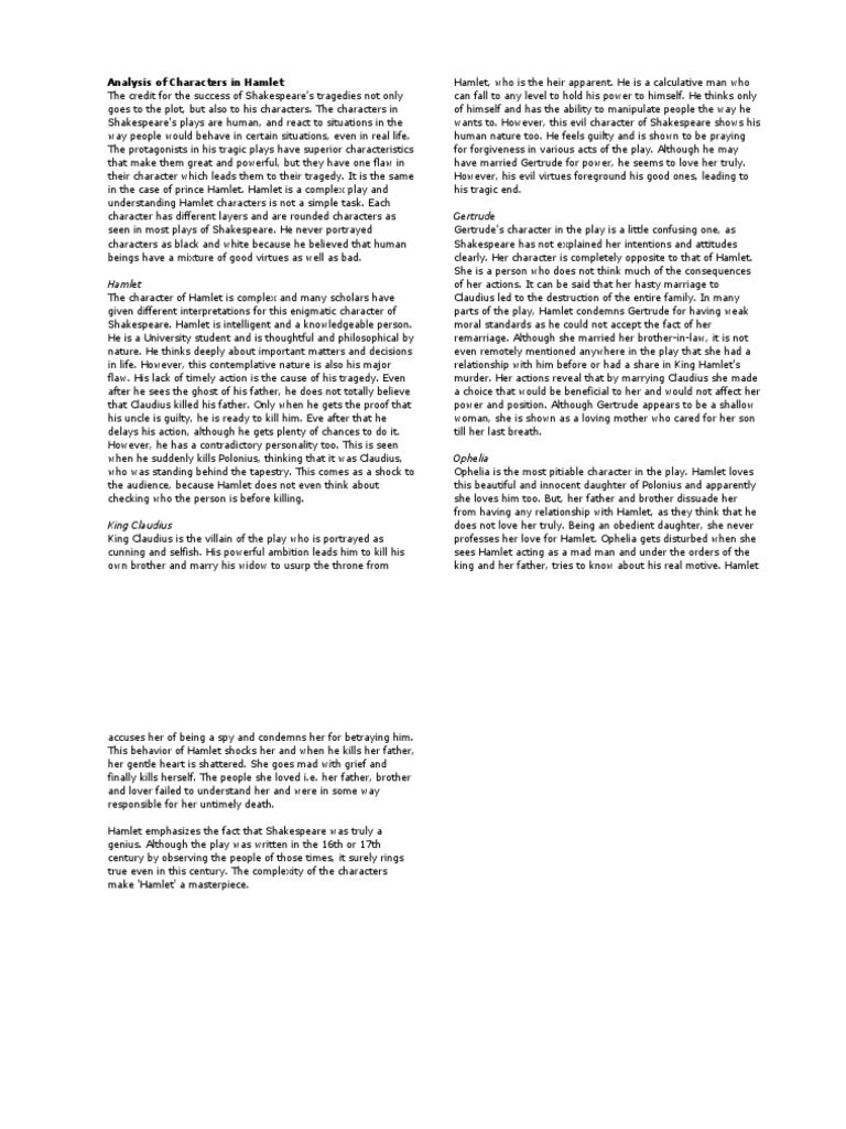 Analysis of Characters in Hamlet | PDF | Hamlet | Disaster And Accident