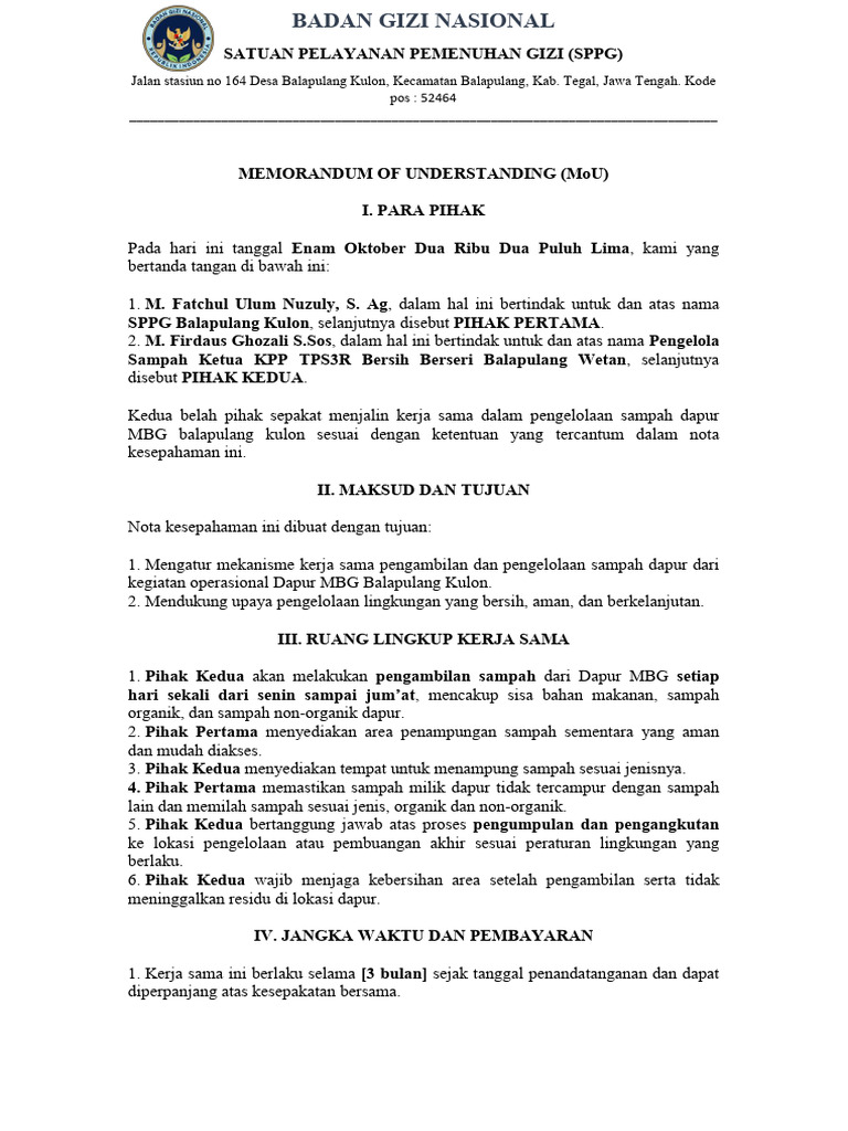 MoU Pengelolaan Sampah Dapur MBG | PDF