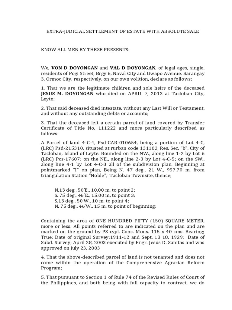 Estate Settlement and Sale Agreement | PDF | Civil Law (Common Law ...