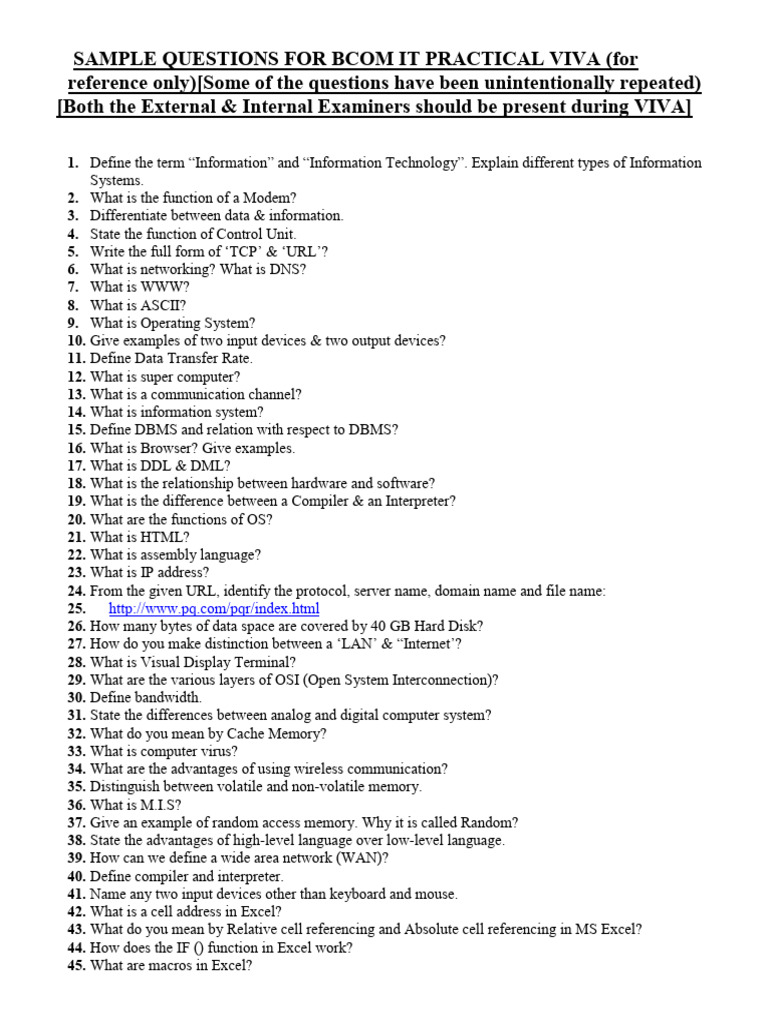 Sample Questions for Bcom It Practical Viva,2025 | PDF | Microsoft Excel | World Wide Web