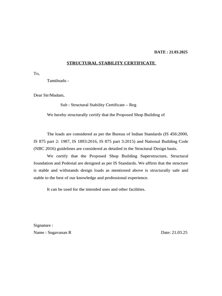 Structural Stability Certificate for Shop Building | PDF