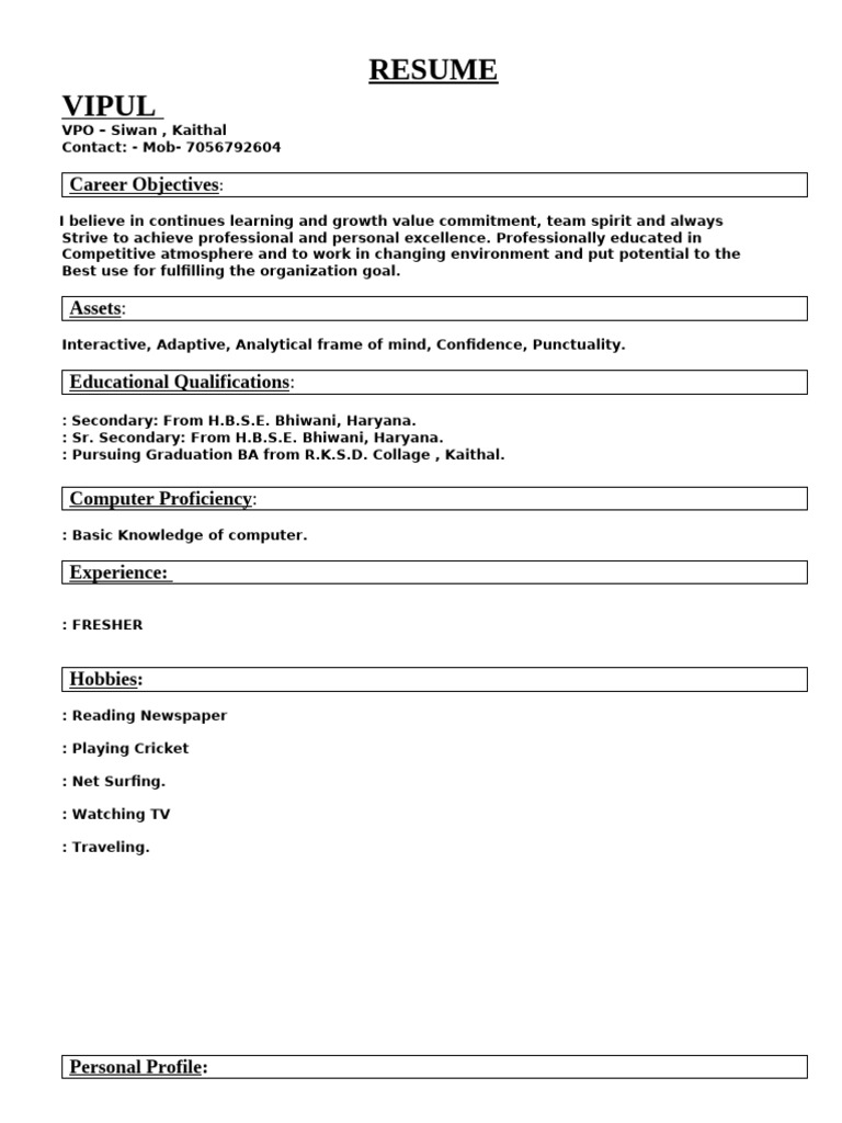 Fresh Graduate Resume for Vipul | PDF