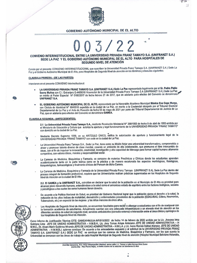 Convenio Interinstitucional Entre La Universidad Privada Franz Tamayo s.a. (Unifranzt s.a.) Sede ...