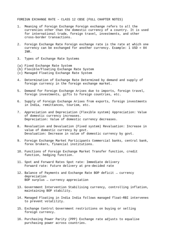 Class 12 CBSE Foreign Exchange Notes | PDF | Exchange Rate | Currency ...