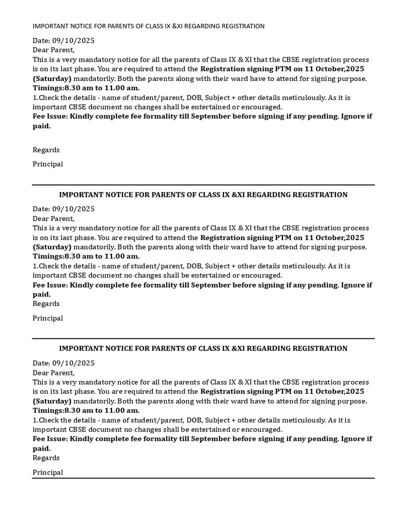 CBSE Registration Notice for Class IX & XI | PDF