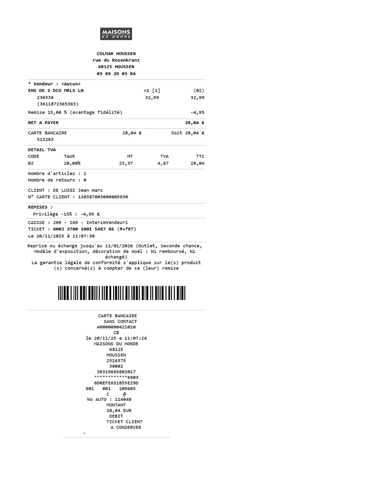 Ticket de caisse - Achat Maison du Monde | PDF