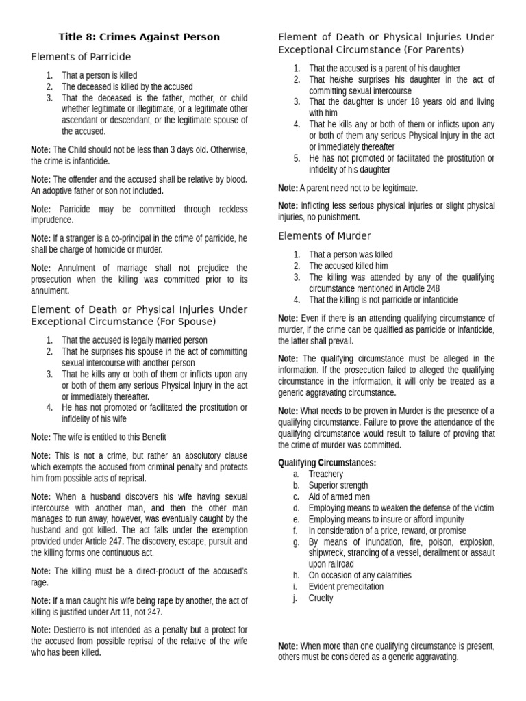 Title 8 - Crimes Against Person | PDF | Rape | Murder