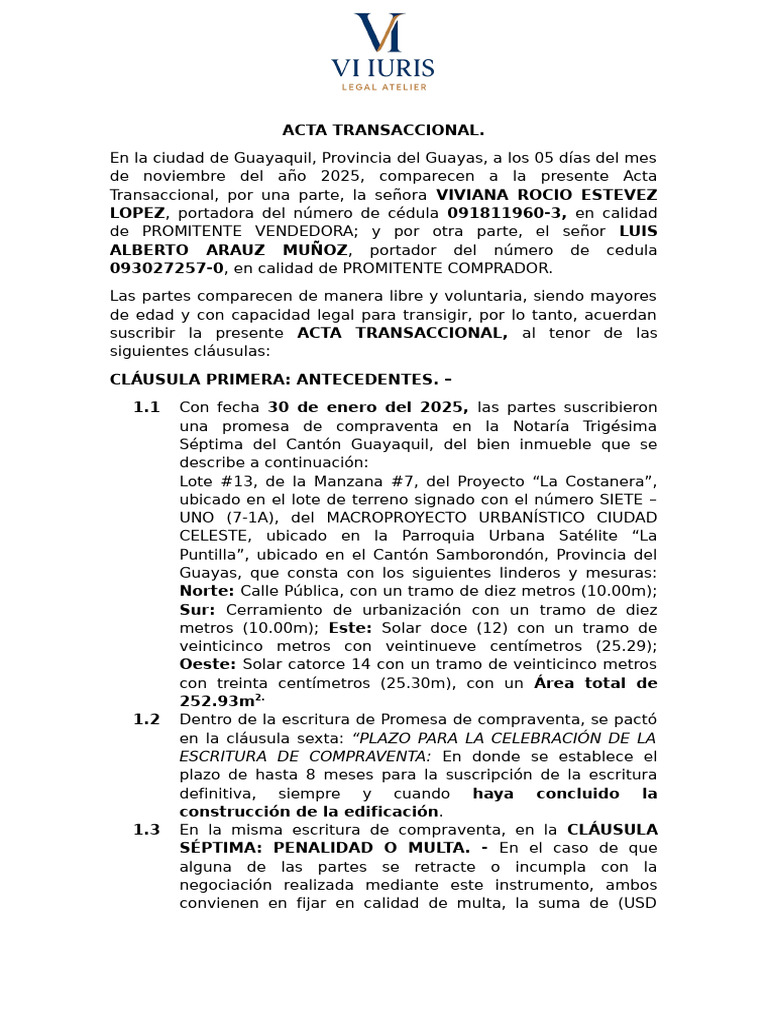 Acta Transaccional de Compraventa | PDF