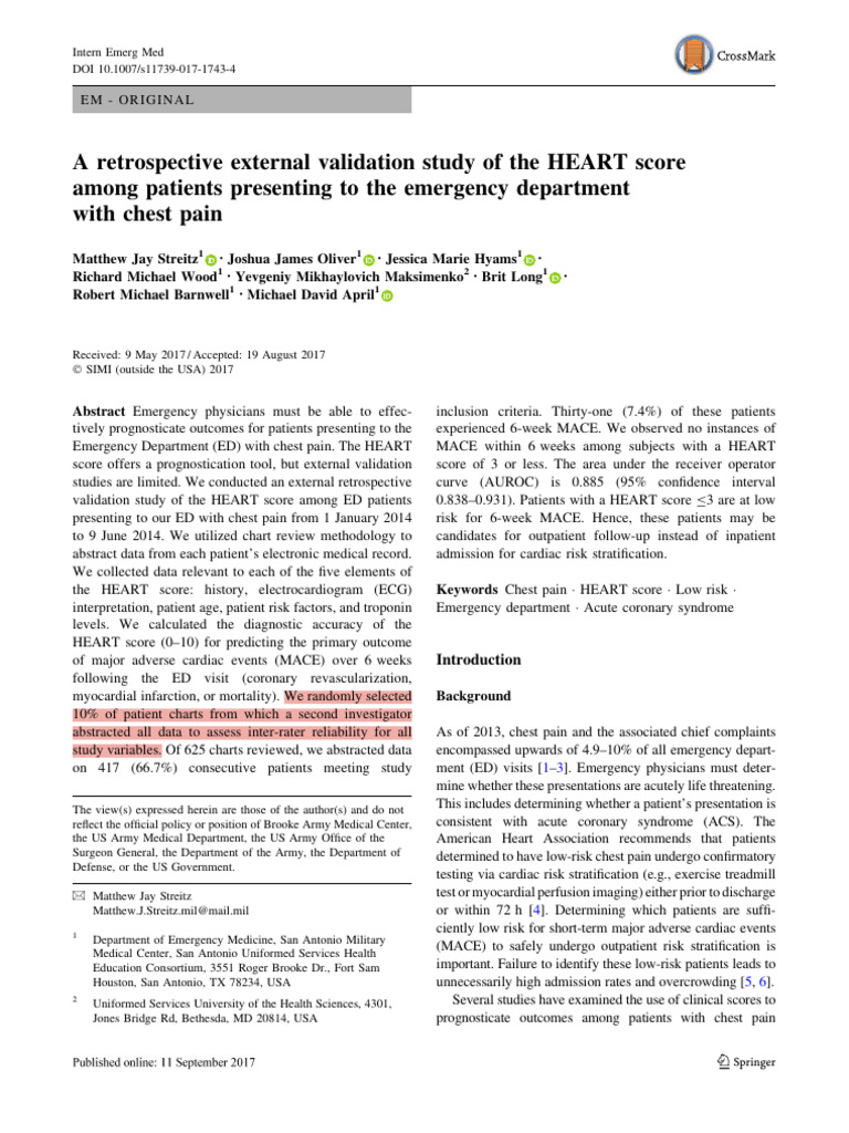 A Retrospective External Validation Study of the HEART Score | PDF ...