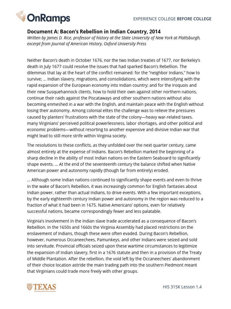 Bacon's Rebellion and Racial Division | PDF | Slavery | Slavery In The ...