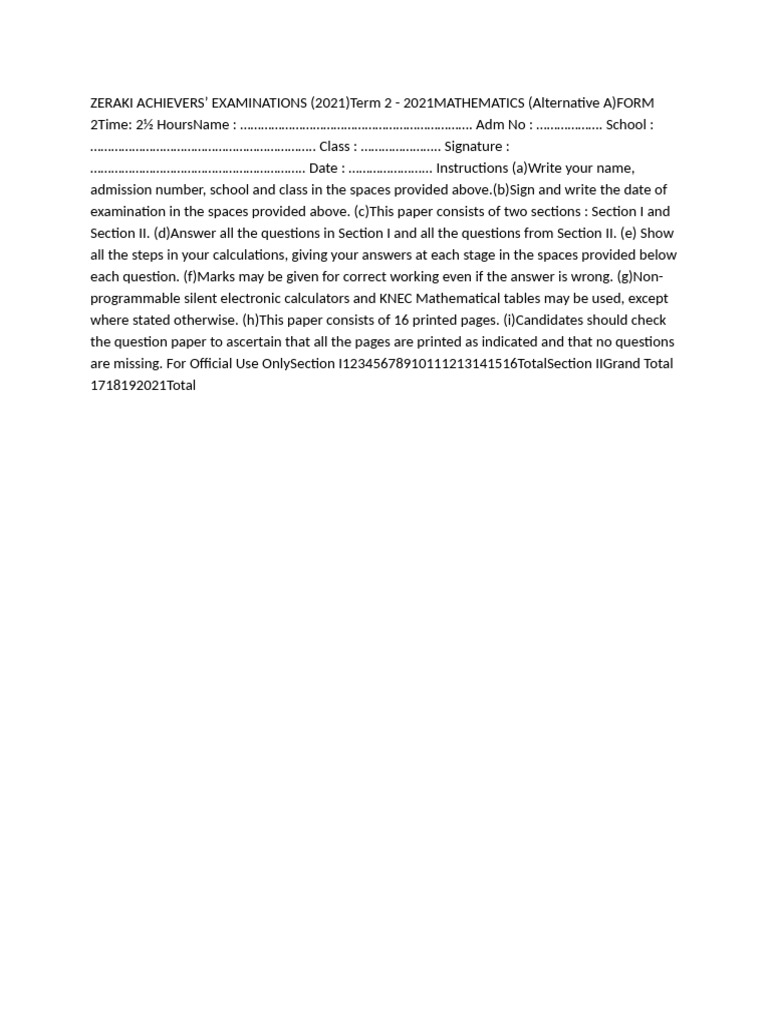 2021 Zeraki Achievers Math Exam Form 2 | PDF
