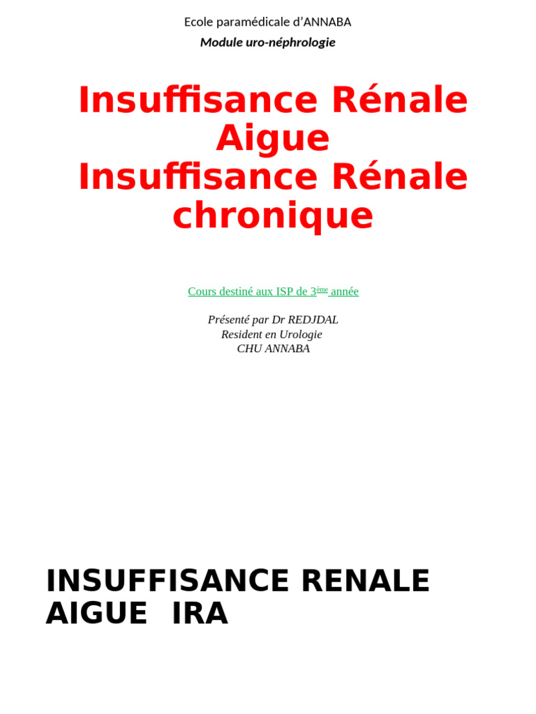 Insuffisance Rénale : Aigue et Chronique | PDF | Insuffisance rénale ...