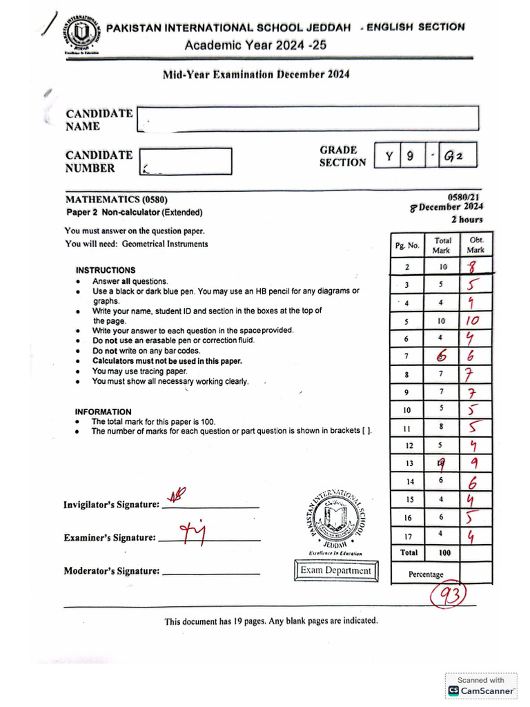 Y9 Maths Mid Exam Solved | PDF