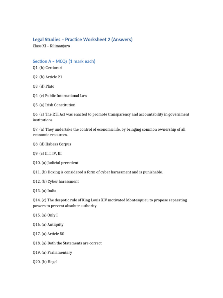 Legal Studies Worksheet Answers | PDF | Constitution | Justice