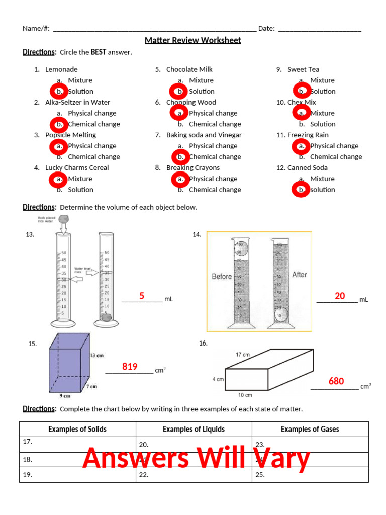 Matter Review Worksheet for Students | PDF | Mixture