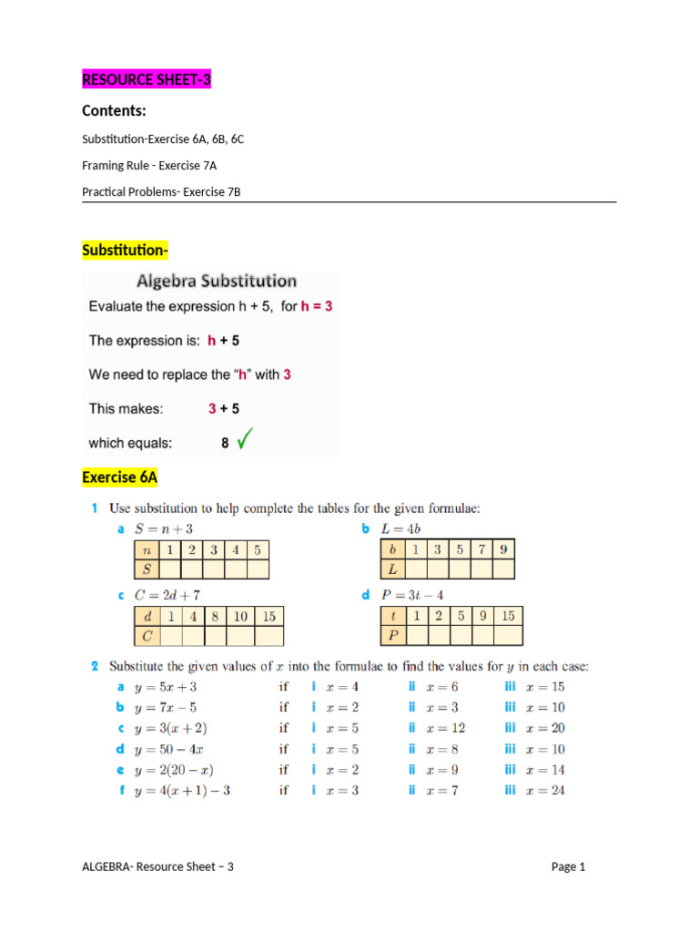 Algebra Resource Sheet Exercises 6A-7B | PDF