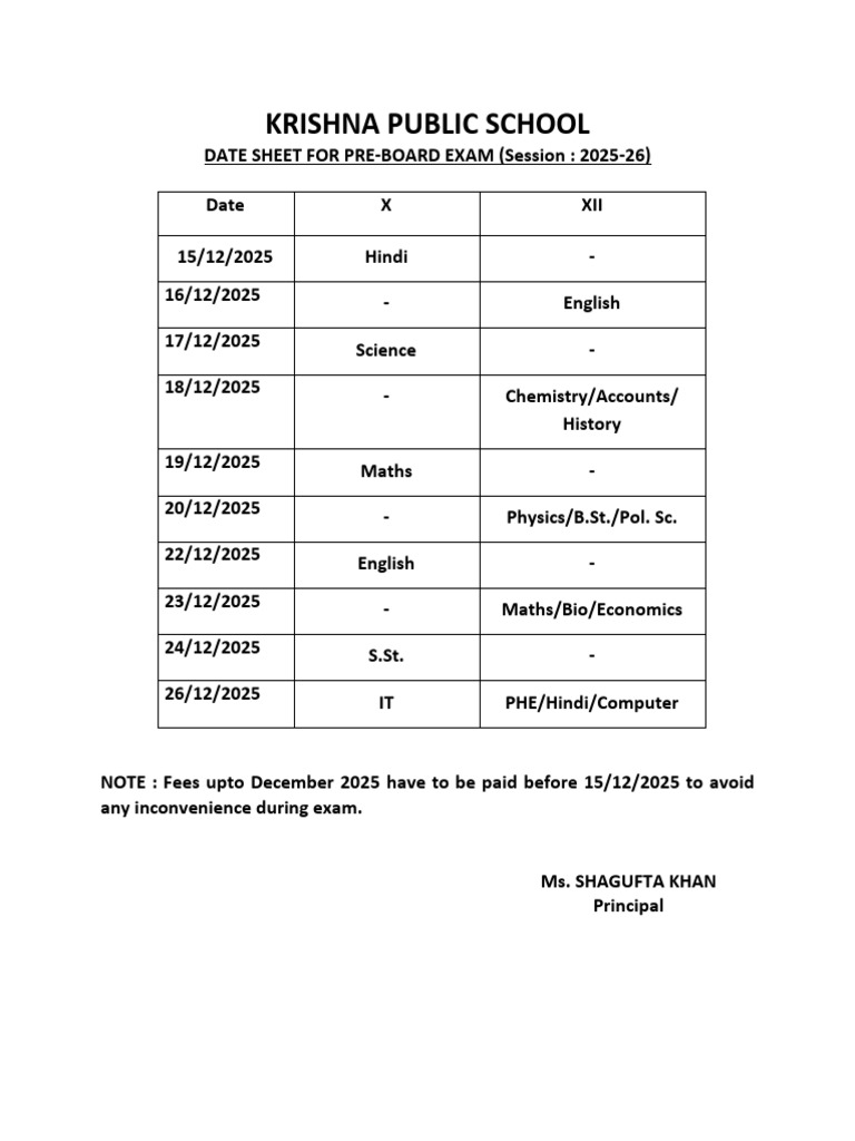 Pre-Board Exam Date Sheet 2025-26 | PDF