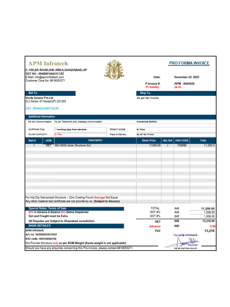 Pro Forma Invoice for MS HDGI Solar Structure | PDF | Taxes ...