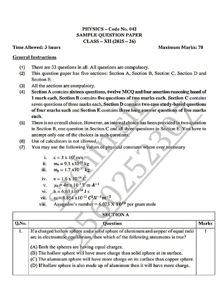 Sample Paper 1 Physics 12th | PDF