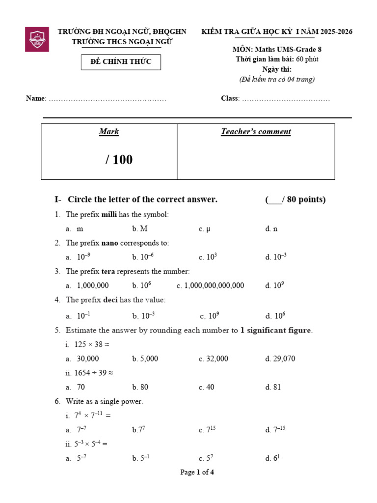 Grade 8 Maths Midterm Exam 2025-2026 | PDF | Area | Elementary Geometry