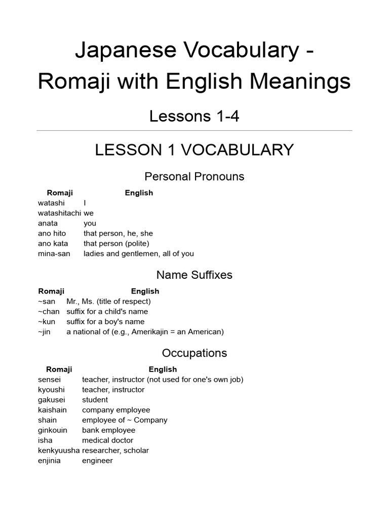 Japanese Vocabulary Romaji | PDF | English Language | Phonetics