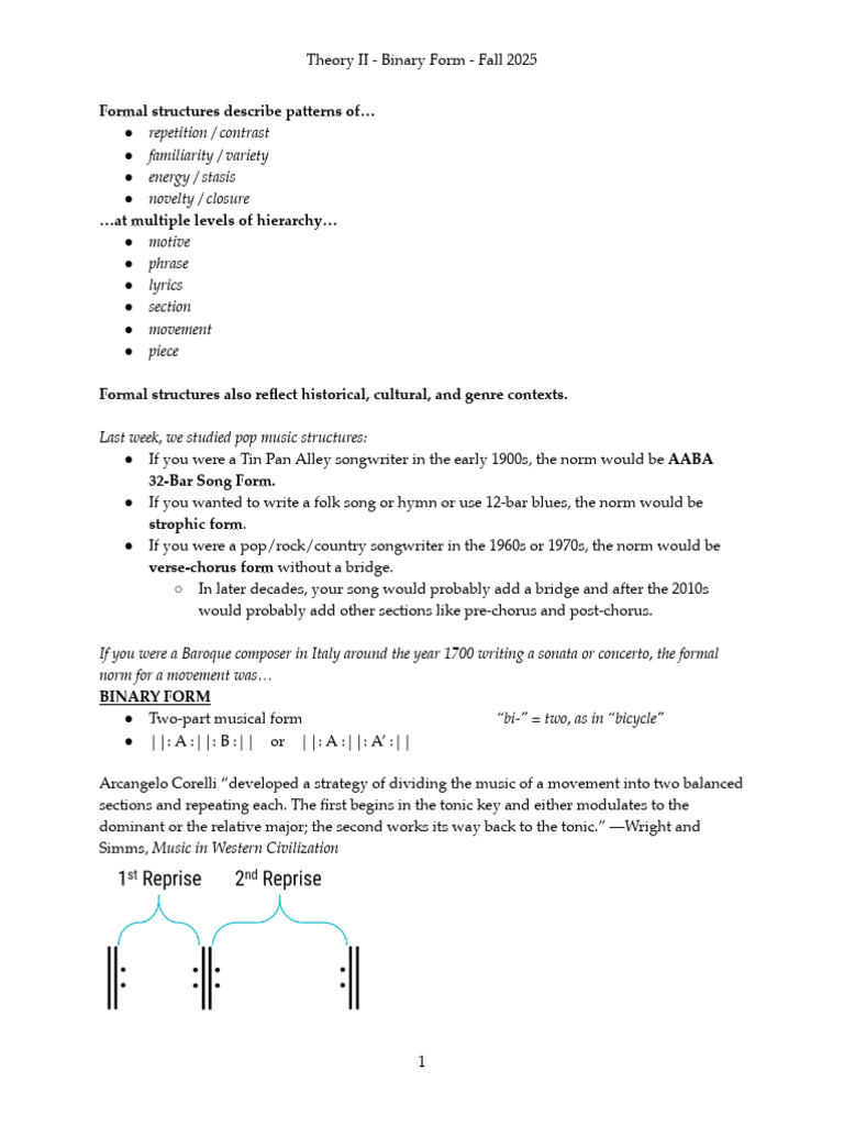 202501112 Theory II - Binary Form - Fall 2025 | PDF | Musical Forms ...