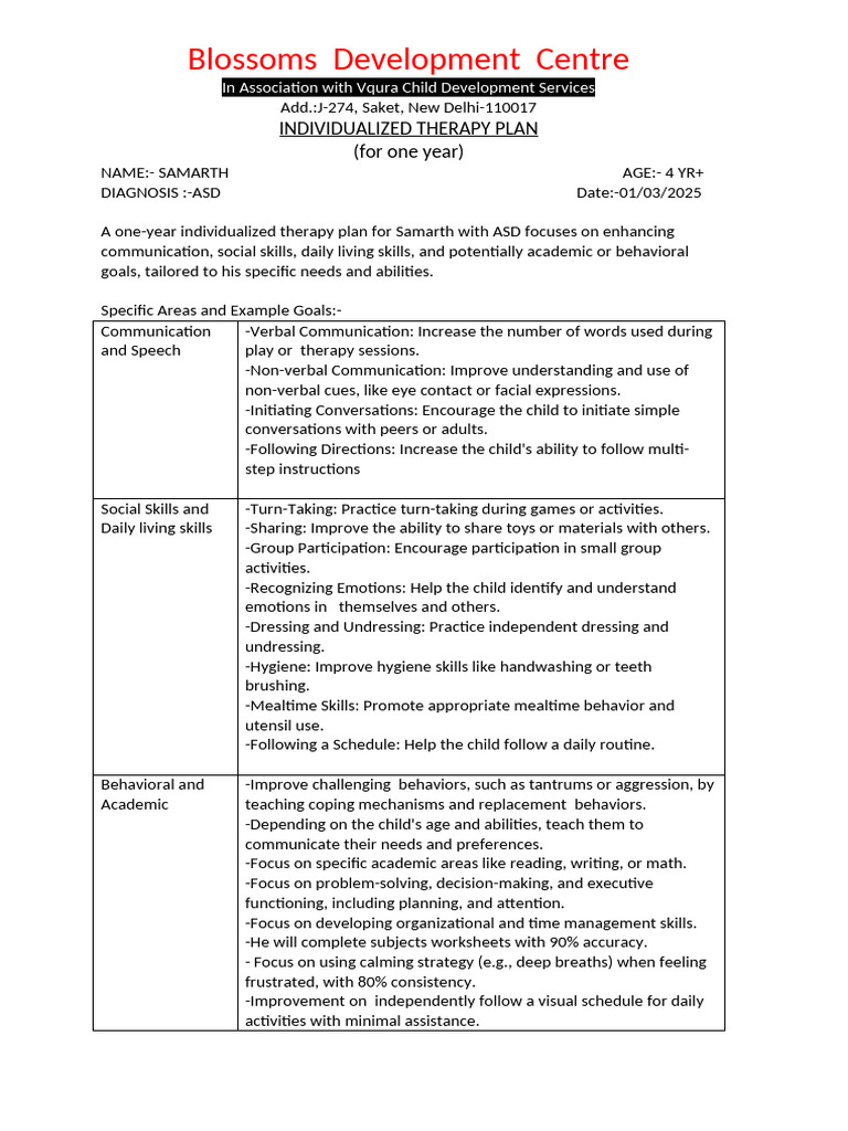 Individualized One Year Plan | PDF | Communication | Autism
