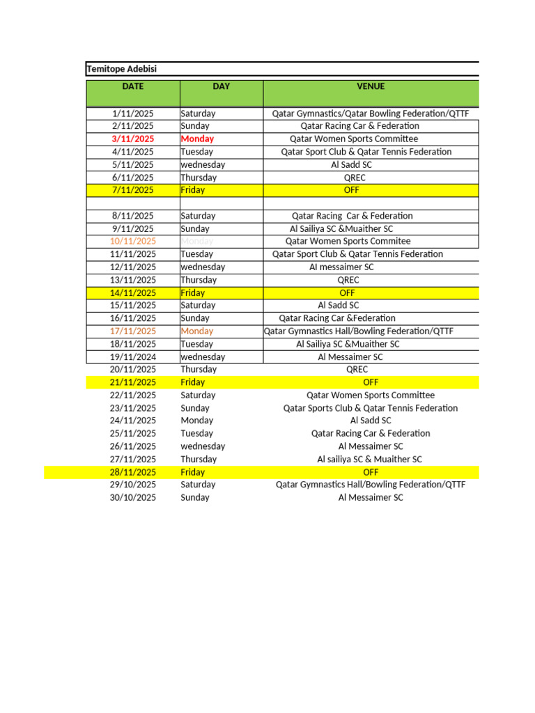 Site Inspection Schedule For November Temitope Adebisi | PDF