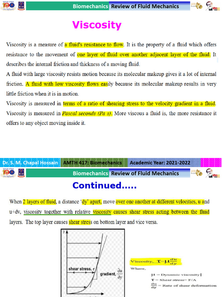 Biomechanics of Fluid Mechanics Review | PDF | Viscosity | Shear Stress