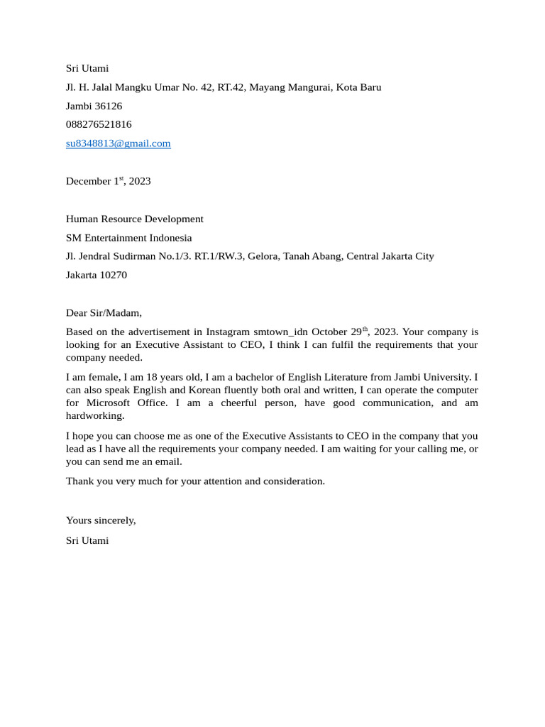 Application for Executive Assistant Position | PDF