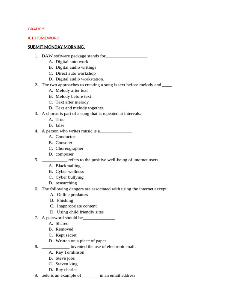 Grade 5 ICT Homework Questions | PDF