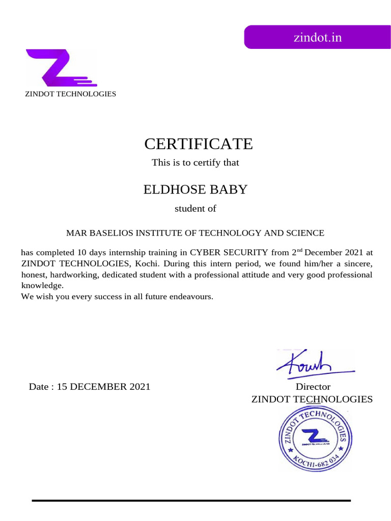 Cyber Security Internship Certificate | PDF