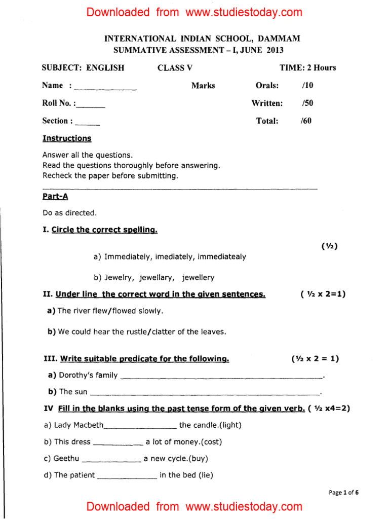 CBSE Class 5 English Question Paper SA1 2013 | PDF