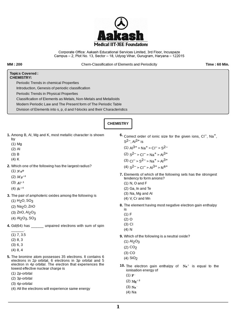 Classification of Elements and Periodicity - Question Paper | PDF ...