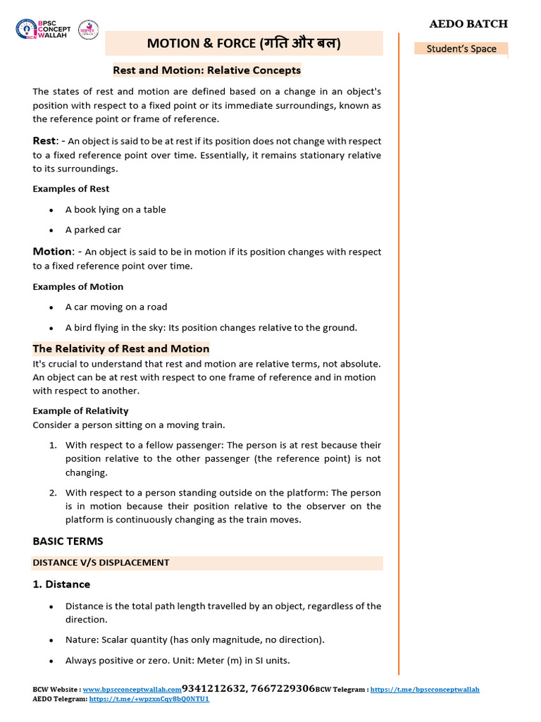 Motion & Force (: Rest and Motion: Relative Concepts | PDF | Force ...
