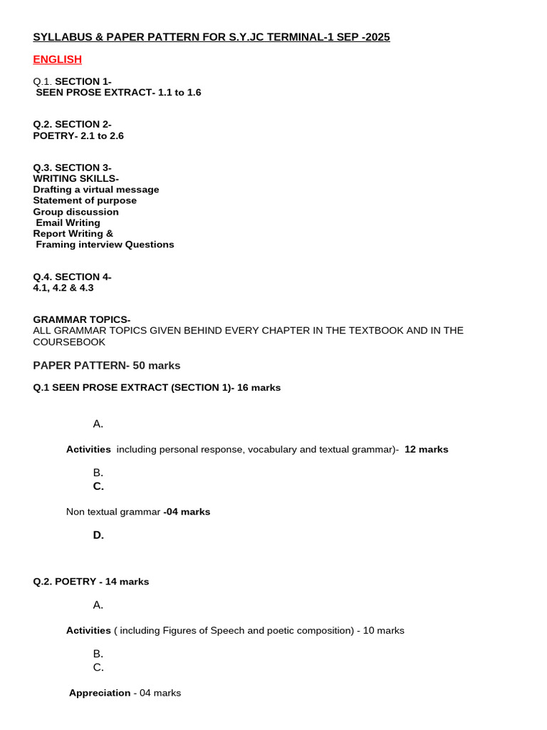Syllabus Terminal 1 Syjc 2025 | PDF