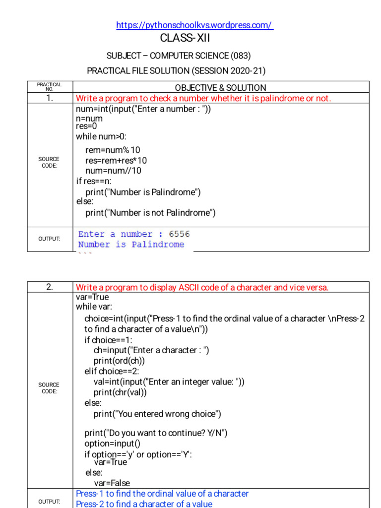 Solution of Practicals Class Xii Comp. Sci. 083 2020 21 | PDF | Queue ...