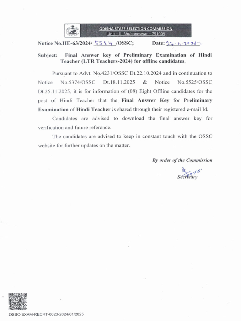 Notice for Final Ans Key for Offline Candidates | PDF