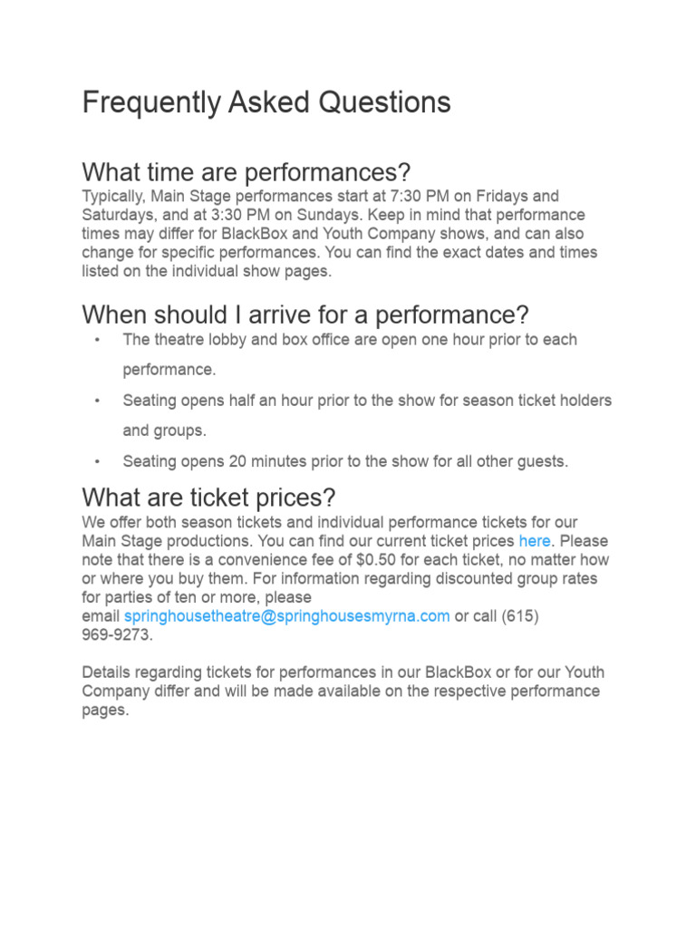 Springhouse Theatre FAQs: Tickets & Performances | PDF | Ticket (Admission)