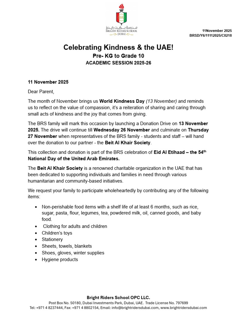 Kindness Donation Drive at BRS 2025 | PDF | United Arab Emirates
