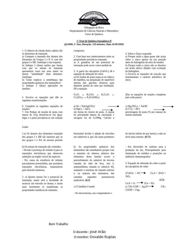 Testes Quí. Inorg-II | PDF | Cobre | Átomos