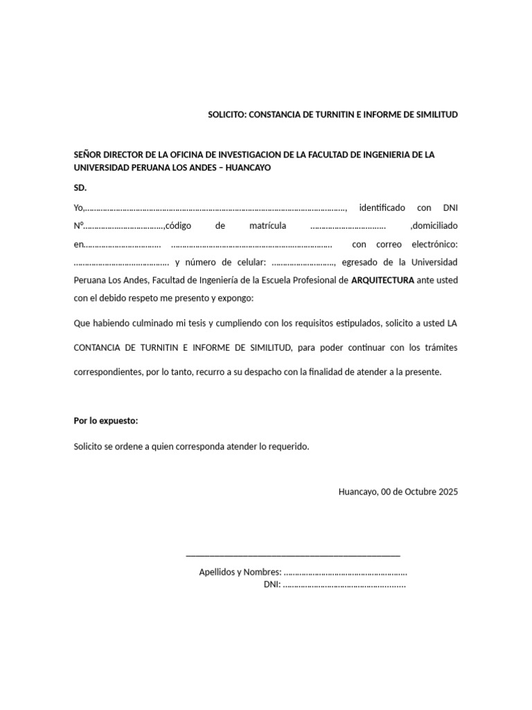 Modelo de Solicitud Constancia de Turnitin e Informe de Similitud | PDF