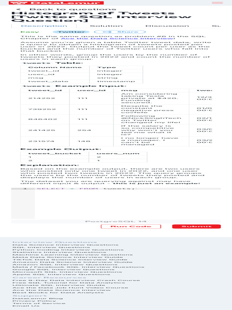 Twitter SQL Interview Question DataLemur | PDF | Sql | Data Analysis