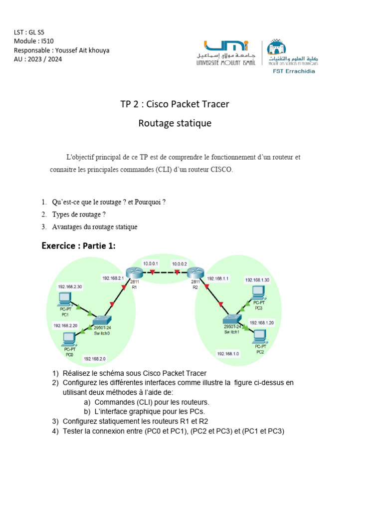 TP Routage Statique avec Cisco Packet Tracer | PDF