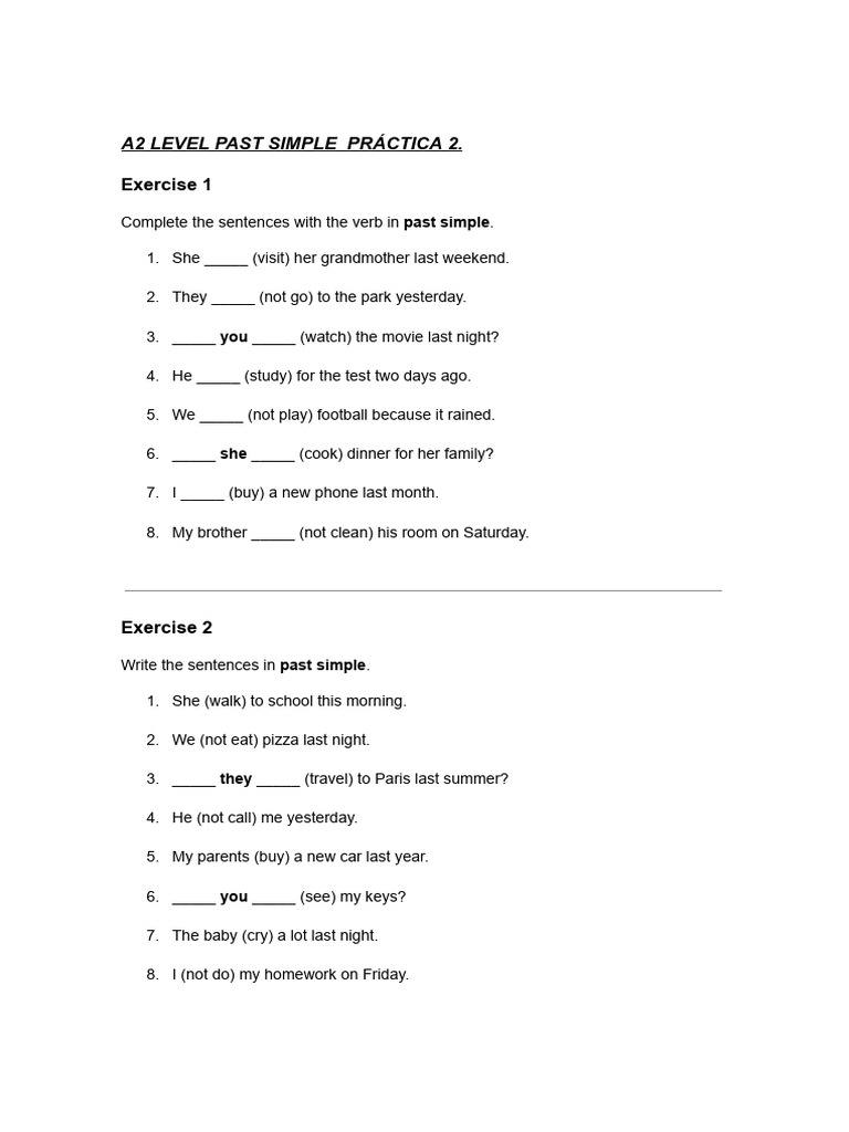 A2 Past Simple Practice Exercises | PDF