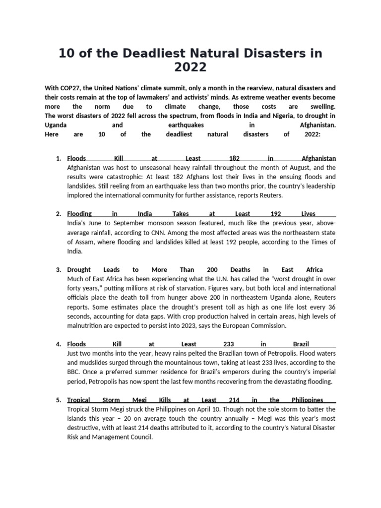 Deadliest Natural Disasters of 2022 | PDF | Natural Disasters | Flood