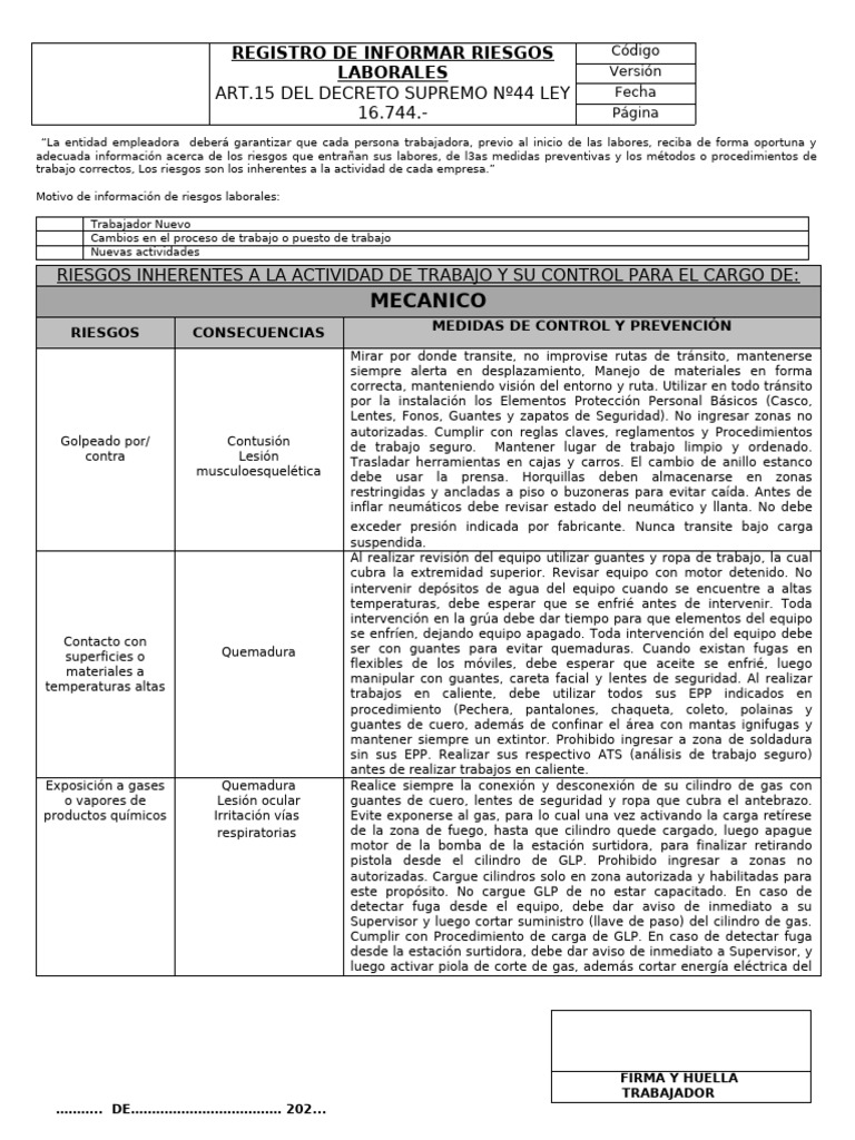 LyV-REG-PRE-027 - v1. IRL Mecánico | PDF | Seguridad y salud ...